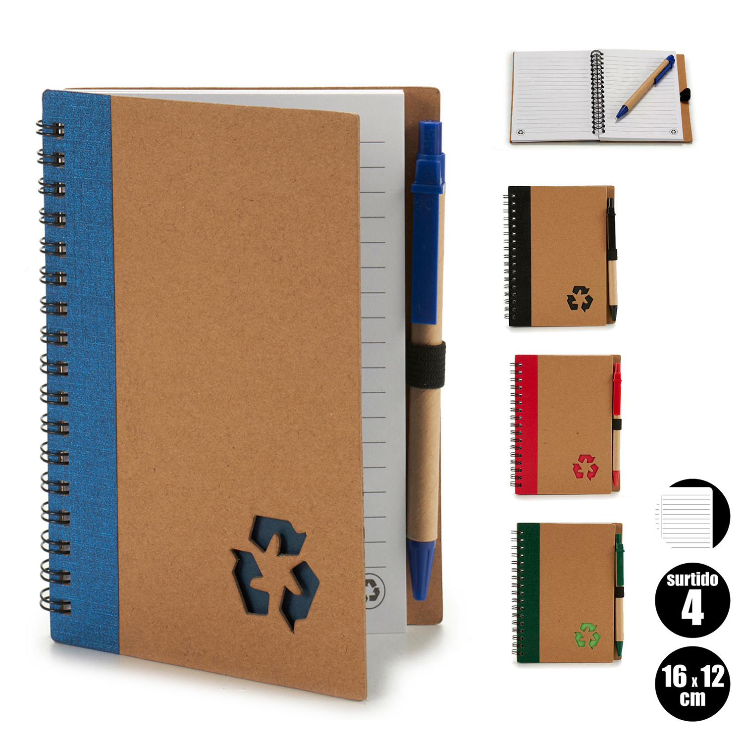 Pack 4 Libretas de cartón reciclado + boligrafo 16x12 cm. Surtido 4 ...